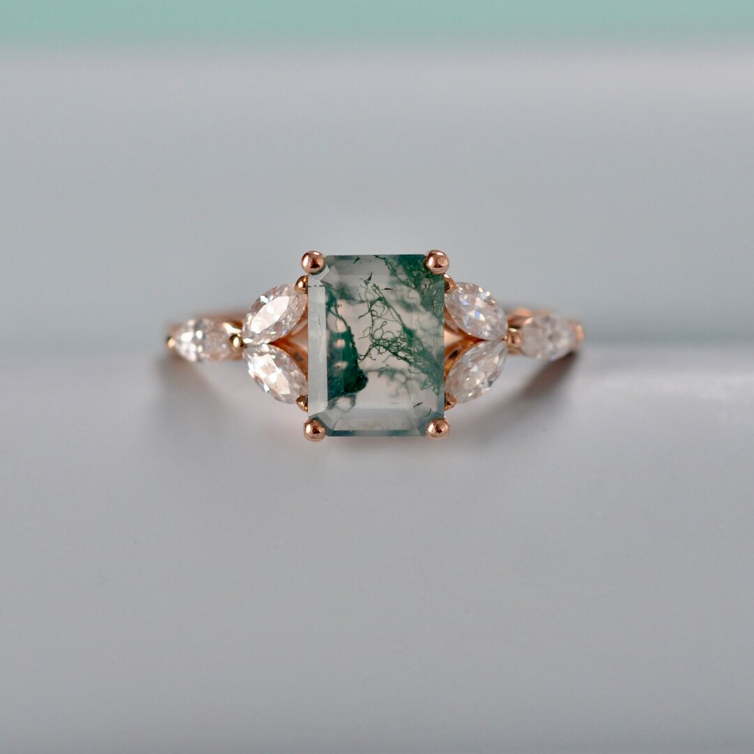 Emerald Cut Moss Agate Ring/vintage Moss Agate Ring/moissanite/diamond ...