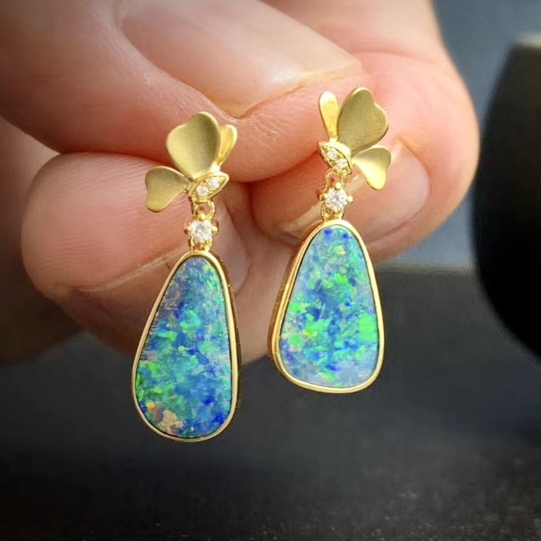 Natural Opal Drop Earrings: 18k Gold Butterfly Dangle - Etsy