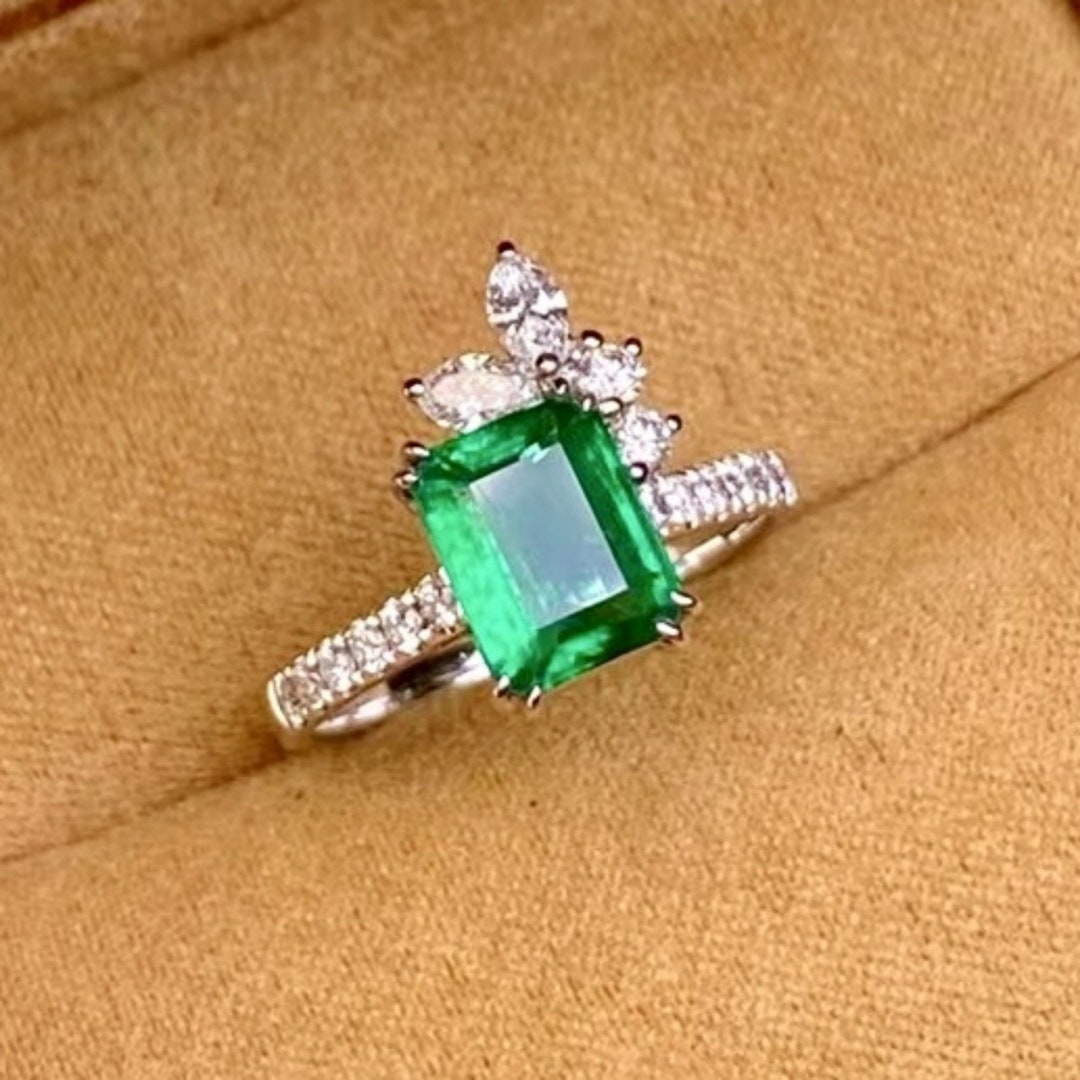 Unique Genuine Emerald Ring/18k Solid White Gold Natural Emerald Ring ...