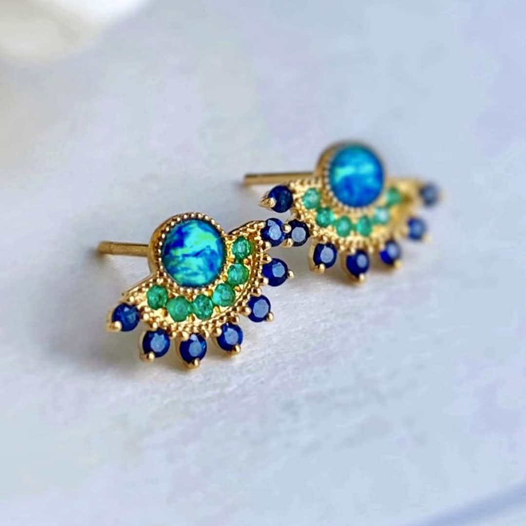 Natural Opal 18k Gold Stud Earrings: Fan-shaped Sapphire & Emerald - Etsy