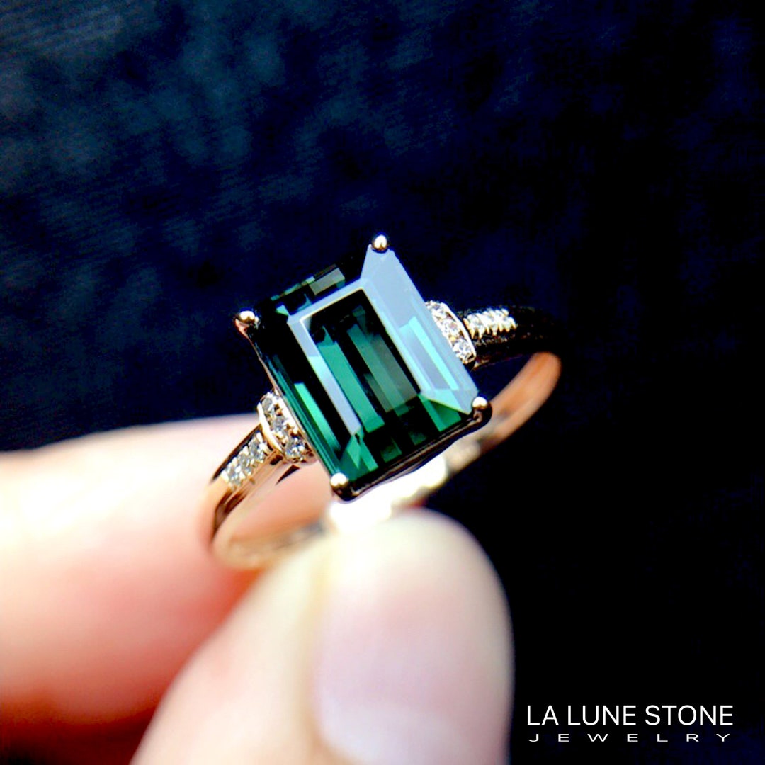Natural Blue Tourmaline Ring/18k Rose Gold Emerald Cut Tourmaline Ring ...
