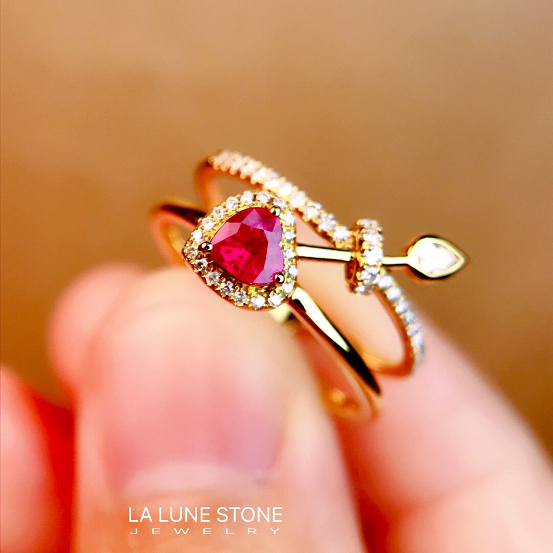 Cupid's Arrow Myanmar Ruby Ring/14k18k Yellow Gold Heart Ruby Ring/art Deco Ring Ruby/genuine ...
