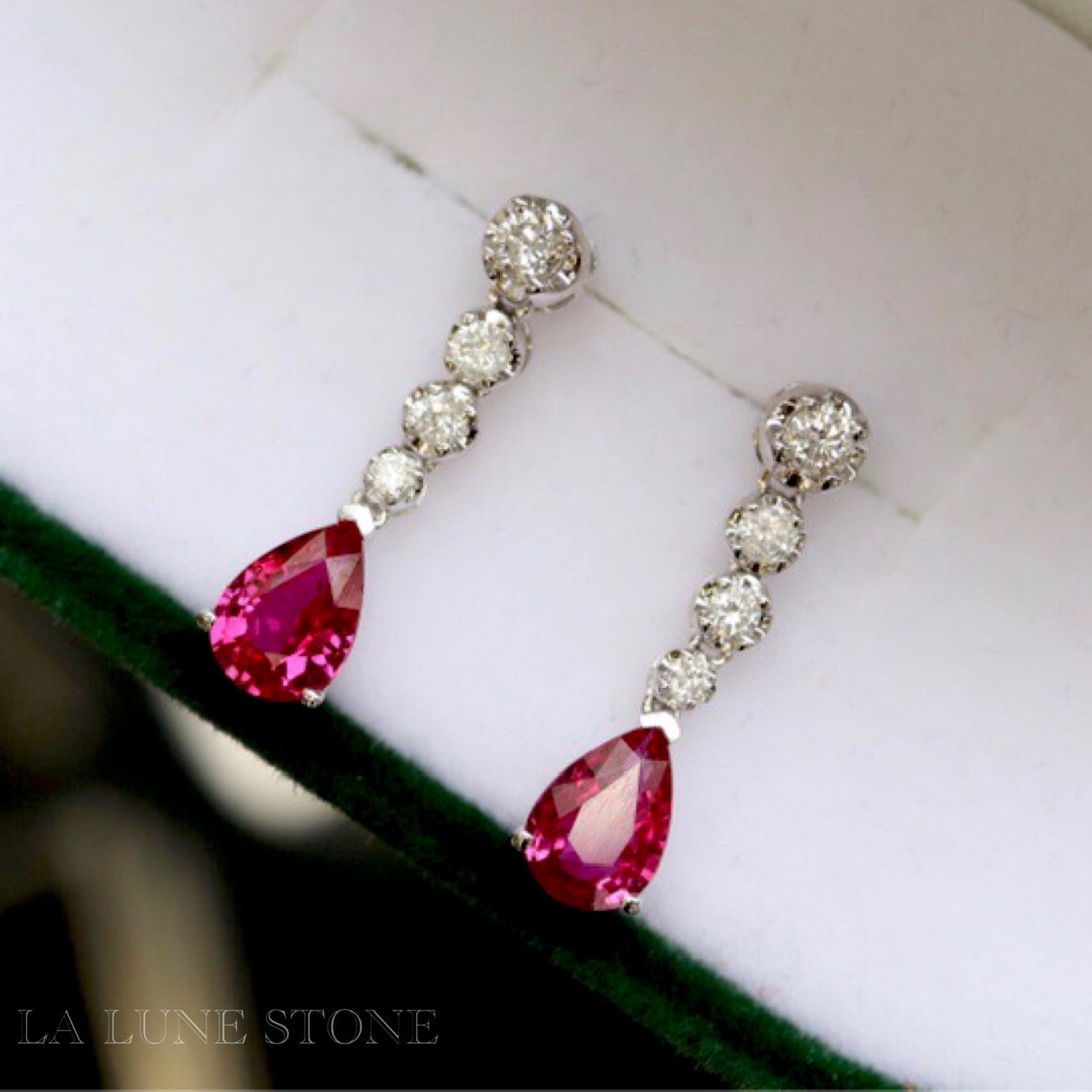 Natural Ruby Earrings With Diamonds/pear Cut Ruby Earrings/delicate ...