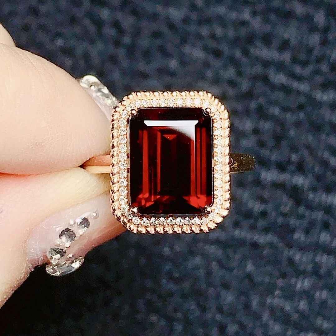 Unique Natural Garnet Ring/18k Solid Gold Emerald Cut Garnet Ring With ...