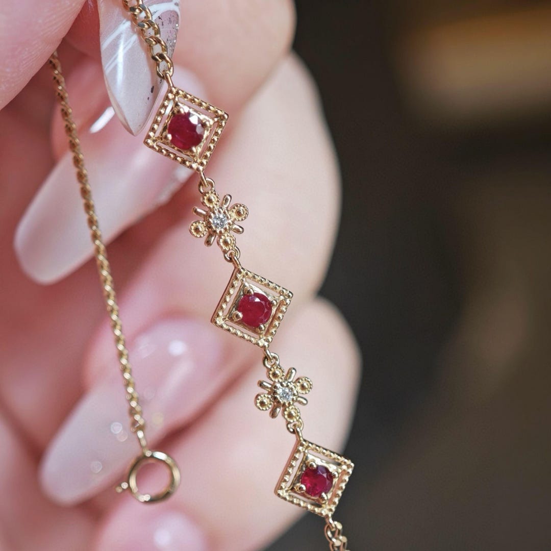 Genuine Ruby Bracelet/18k Solid Gold Round Cut Ruby Bracelet/natural ...