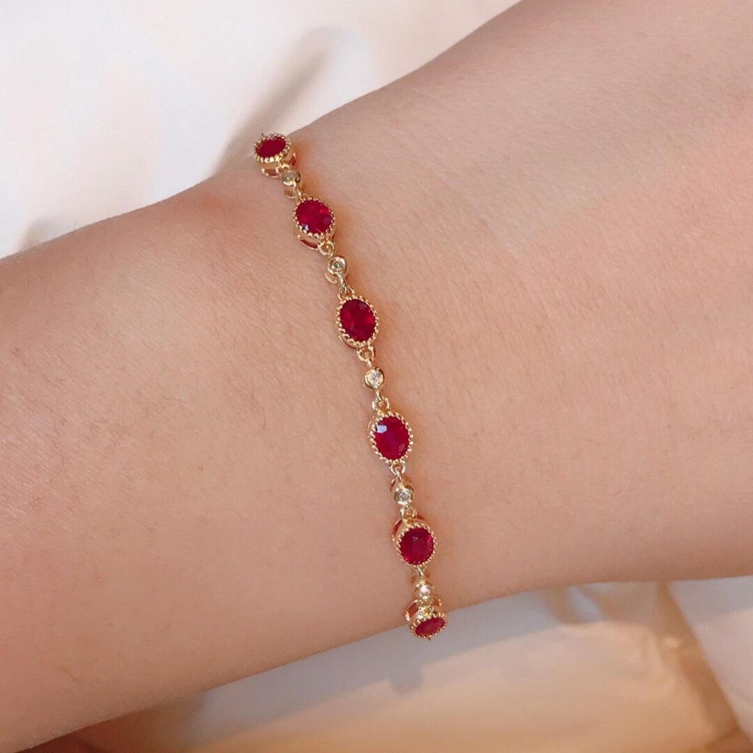 Genuine Ruby Bracelet/18k Solid Yellow Gold Oval Ruby Bracelet/natural ...