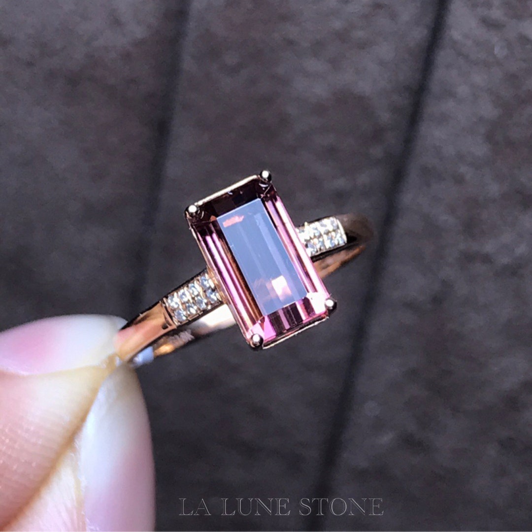 Genuine Pink Tourmaline Ring/18k Rose Gold Emerald Cut Tourmaline Ring ...
