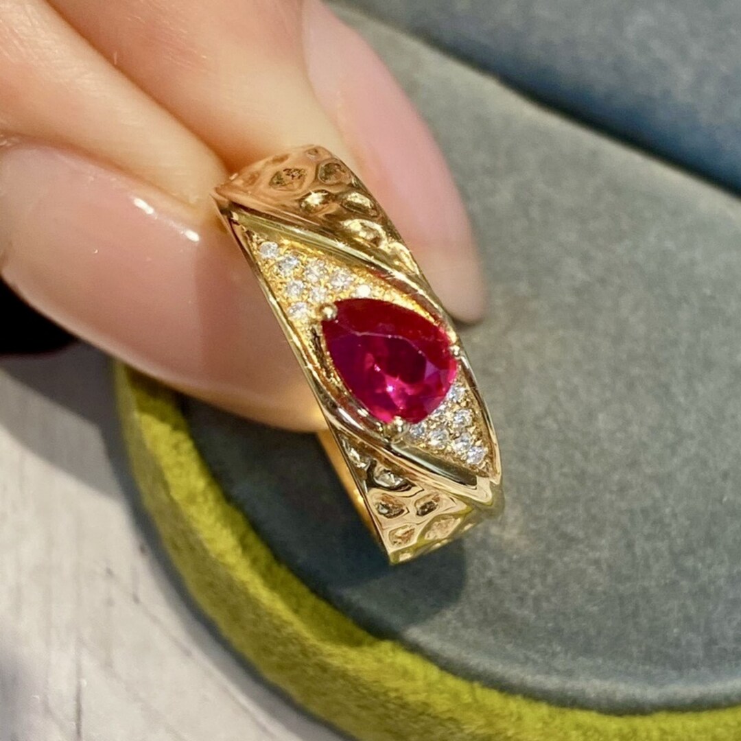 Unique Real Ruby Ring/18k Solid Yellow Gold Pear Cut Ruby Ring With Diamonds/art Deco Ring Ruby ...