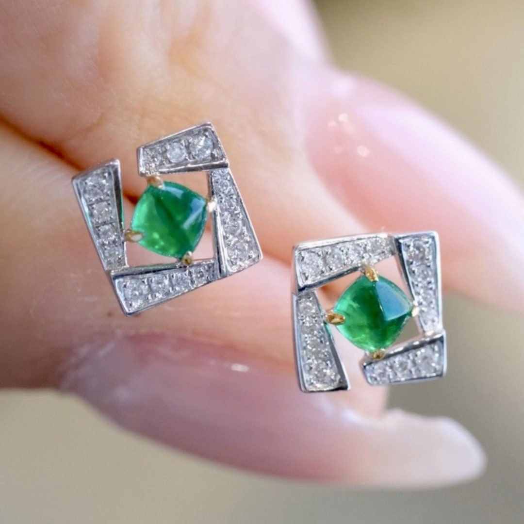 Genuine Emerald Stud Earrings/18k Solid White Gold Suger-loaf Emerald Earrings With Diamonds/art ...