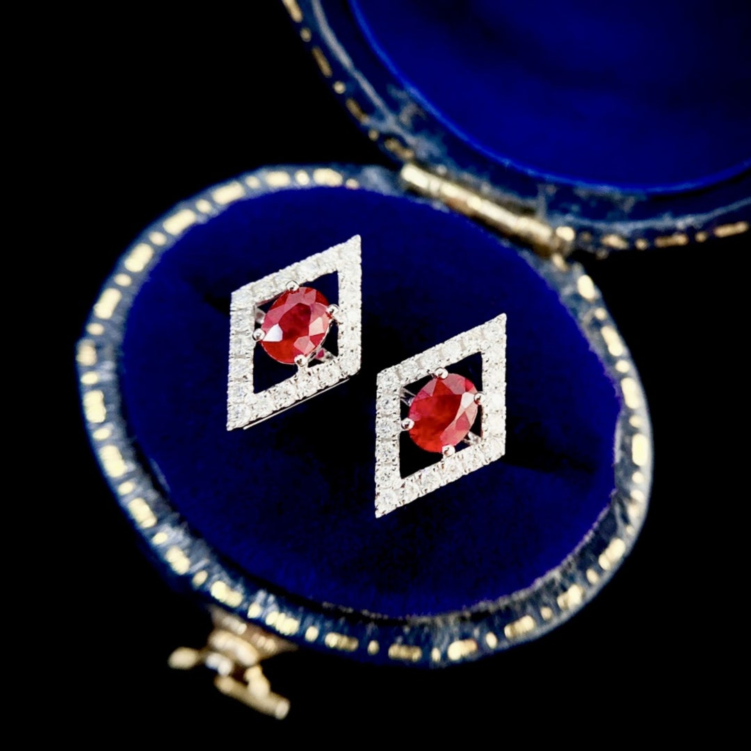 Natural Ruby Stud Earrings/art Deco Earrings/genuine Ruby Earrings/18k ...