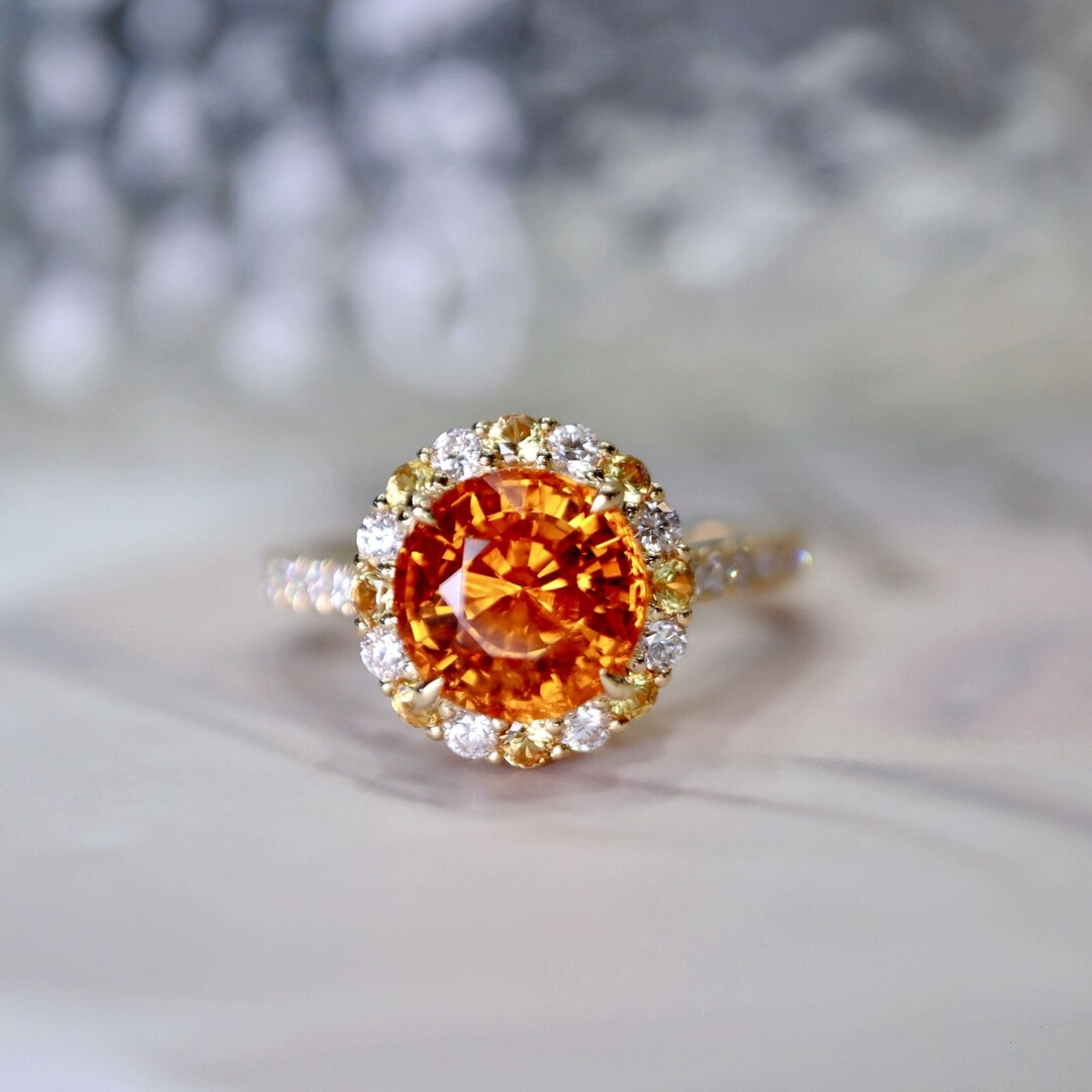 Unique Genuine Fanta Garnet Ring/18k Yellow Gold Round Cut Orange ...