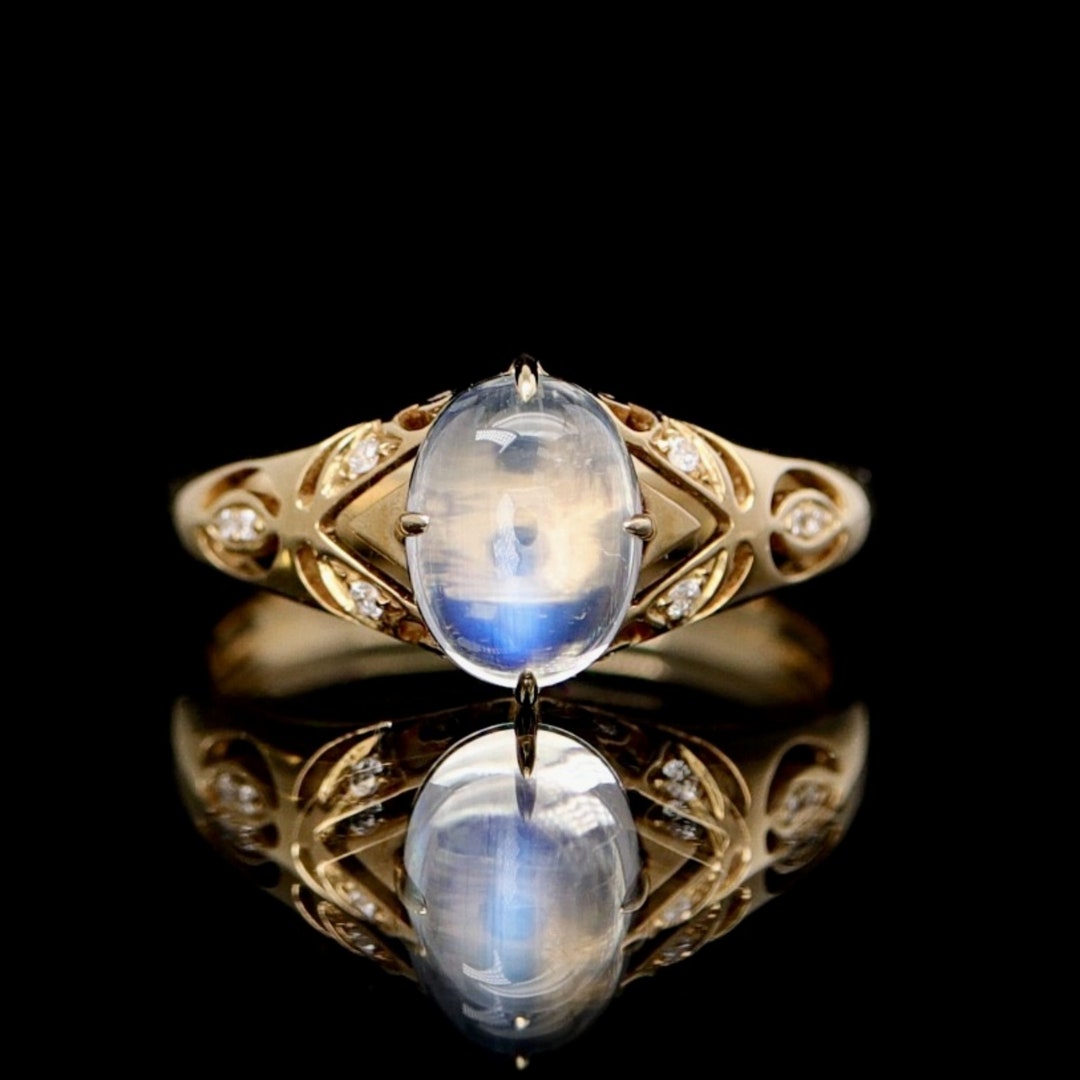 Oval Moonstone Ring in 18k Gold/art Deco Moonstone Engagement Ring ...