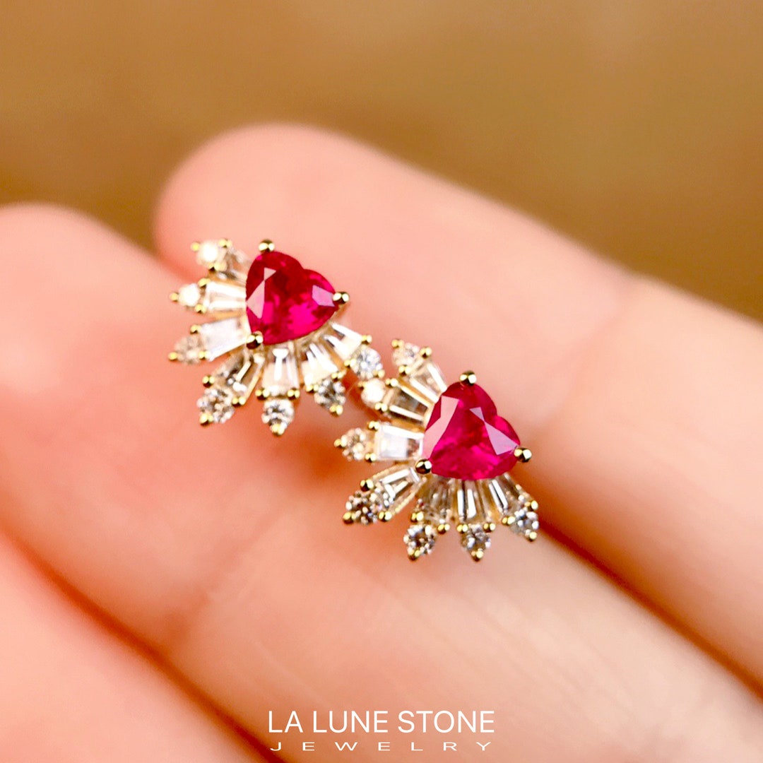 Heart Shape Ruby Stud Earrings/14k18k Ruby Stud Earrings/art Deco Earrings/genuine Ruby Earrings ...