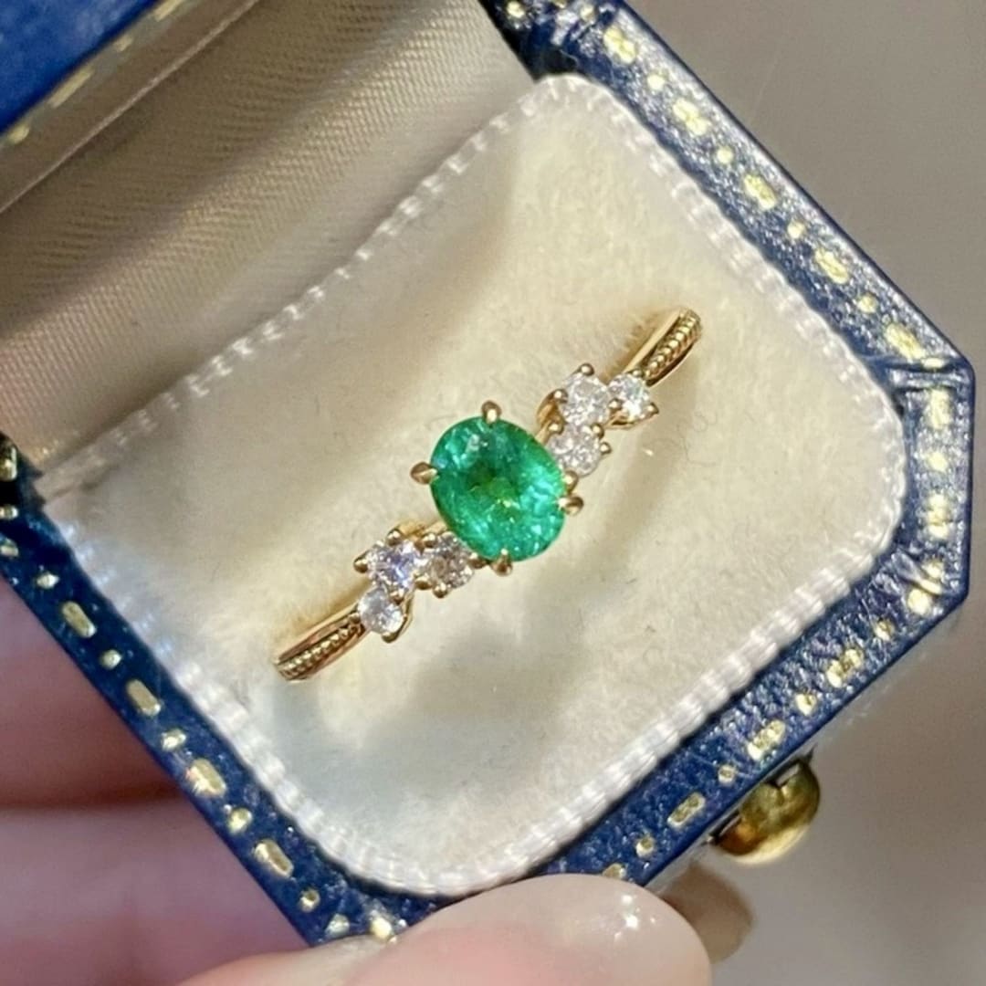 Unique Genuine Emerald Ring/18k Solid Yellow Gold Oval Cut Emerald Ring ...