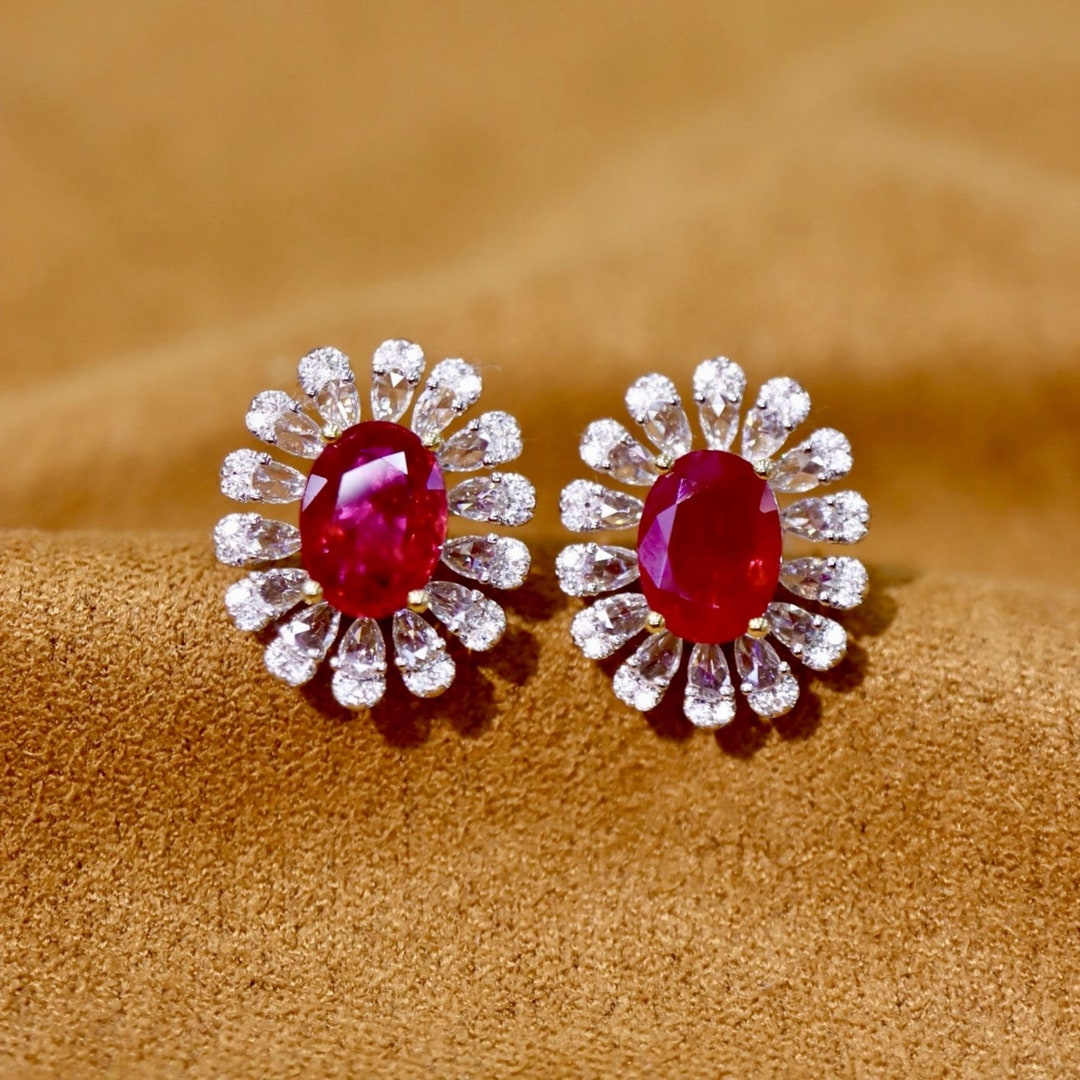 Natural Ruby Stud Earrings/18k Solid Gold Oval Cut Ruby Earrings/art ...