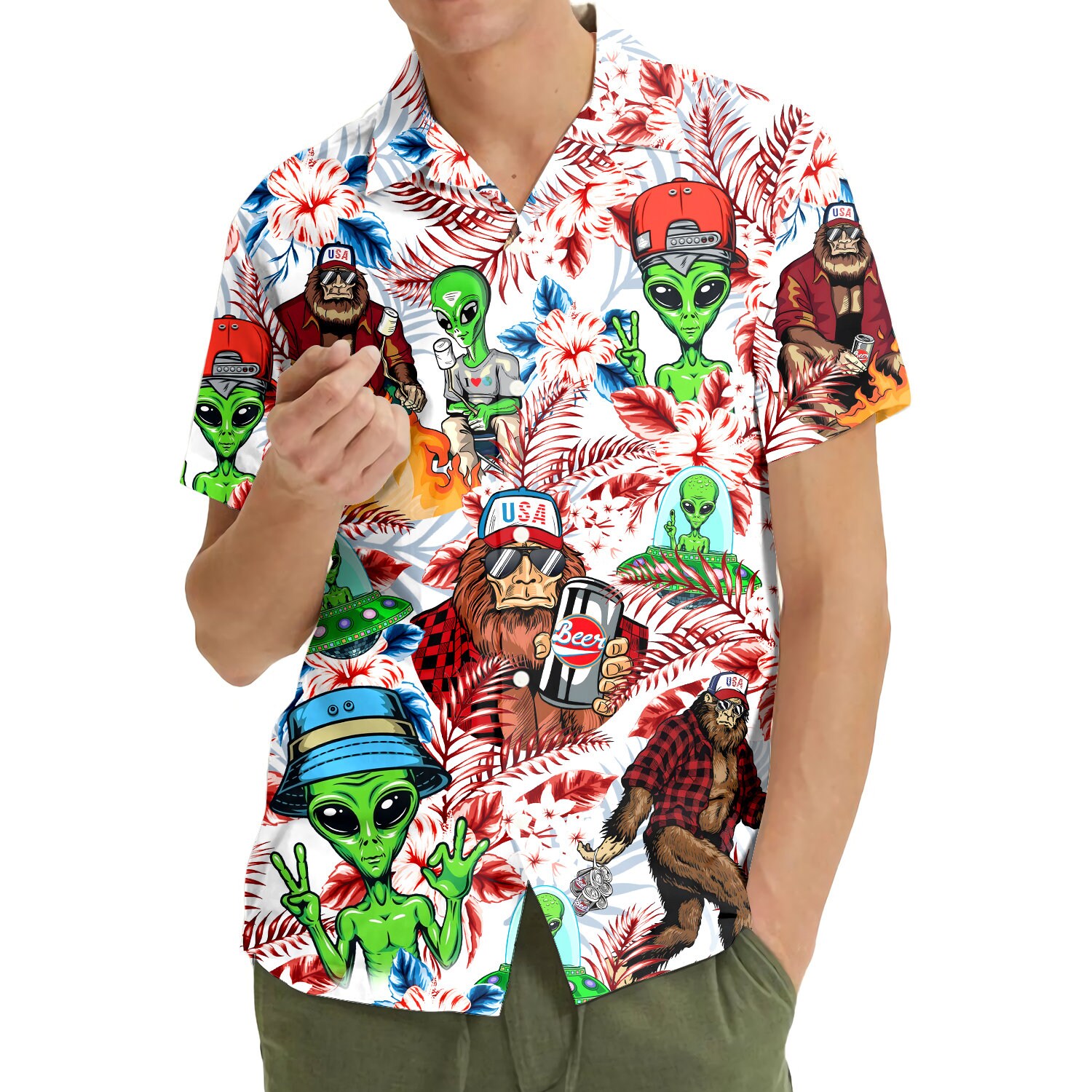 Bigfoot And Alien Hawaiian Shirts, Tropical Alien Bigfoot Sasquatch ...