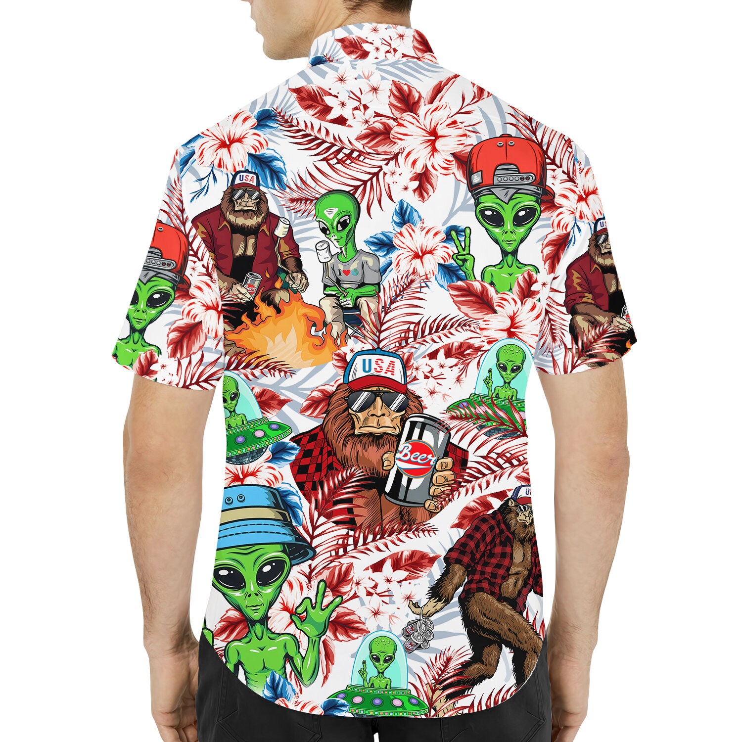Bigfoot And Alien Hawaiian Shirts, Tropical Alien Bigfoot Sasquatch ...