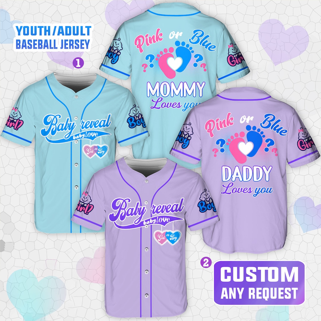 Personalized Baby Reveal Baseball Jersey, Blue or Pink Baseball Jersey ...