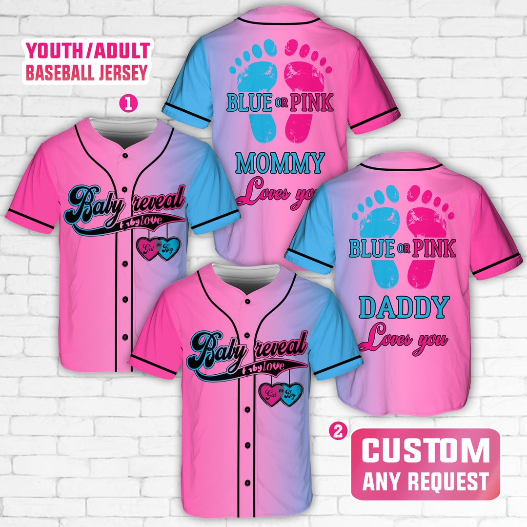 Personalized Baby Reveal Baseball Jersey, Blue or Pink Baseball Jersey ...