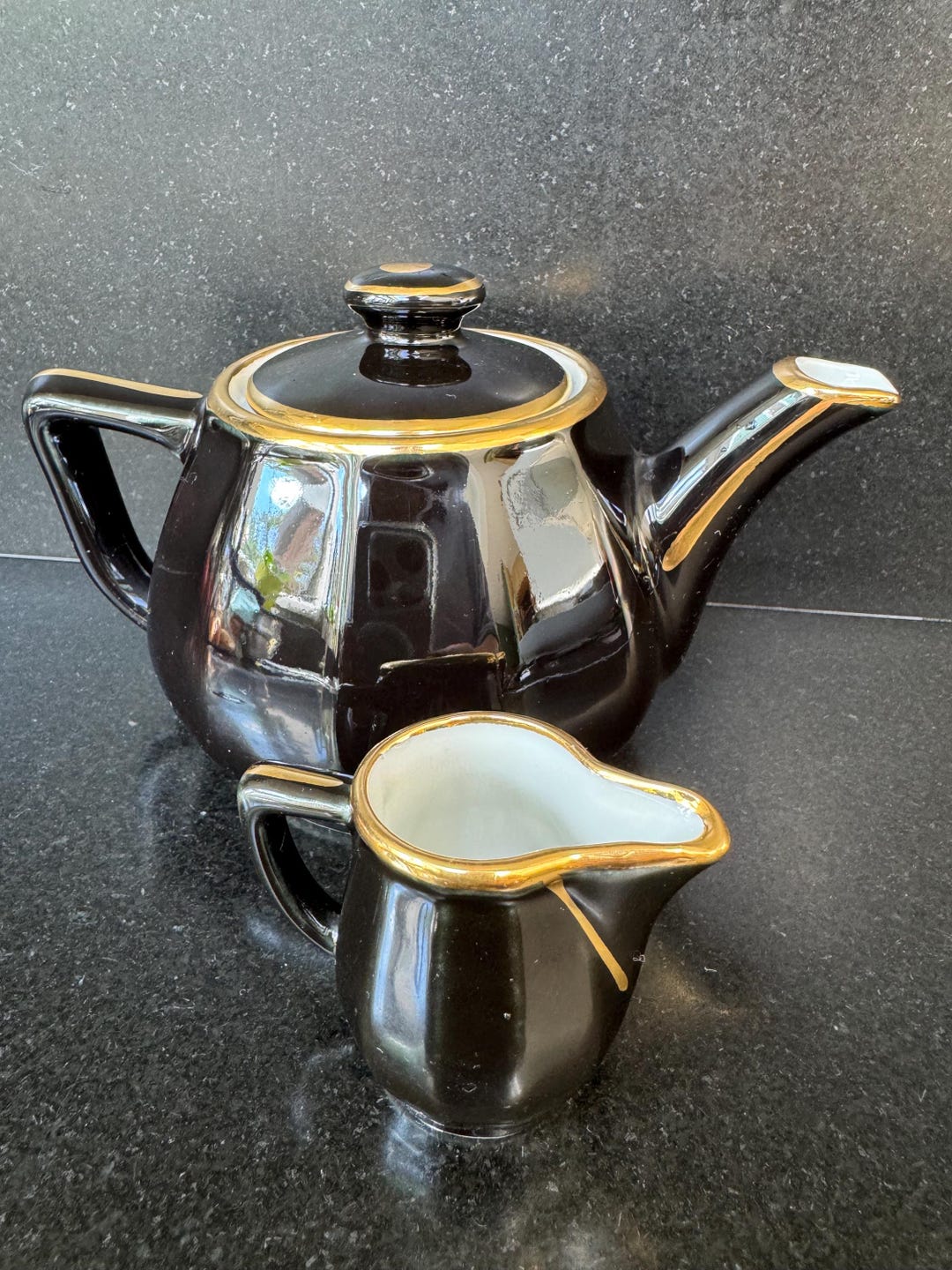 Vintage Apilco Porcelain Teapot & Creamer Set: Black With Gold Trim - Etsy