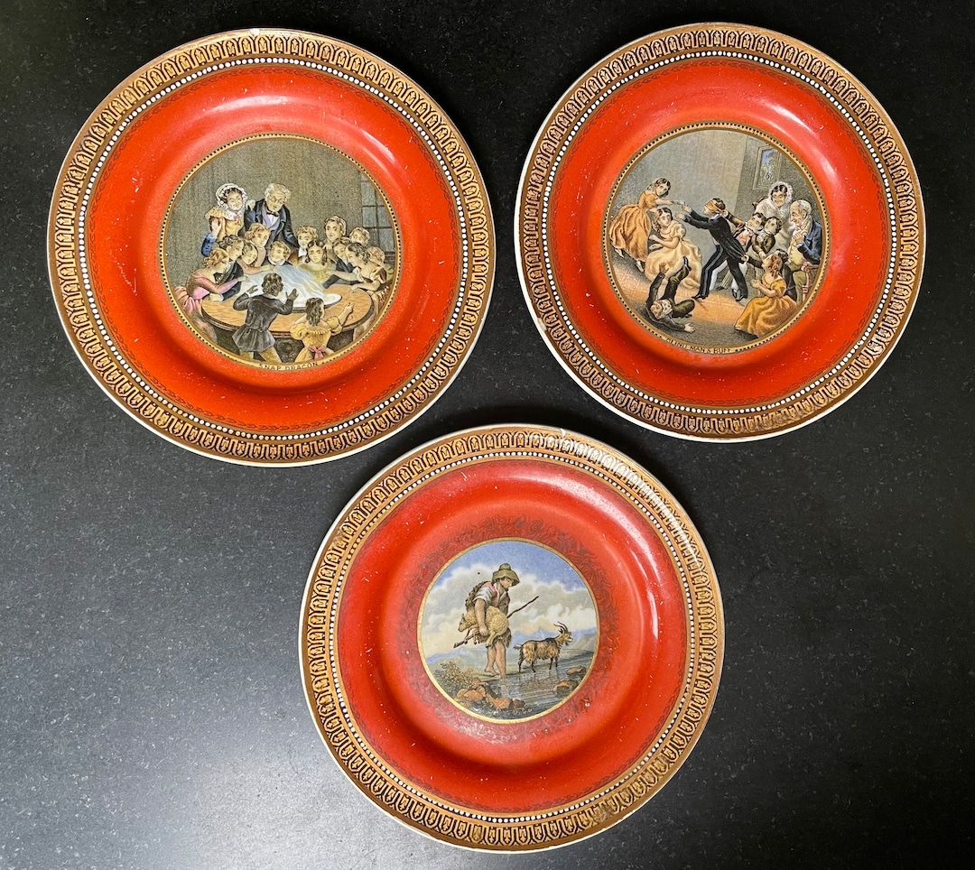 3 Antique Pin Plates 14 Cm PRATTWARE - Snap Dracon / Blind Man’s Buff ...