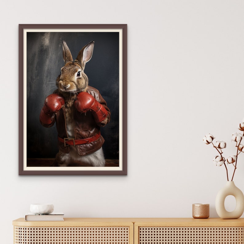 Boxing Bunny Portrait, Fighting Rabbit Art, Printable Animal Decor ...