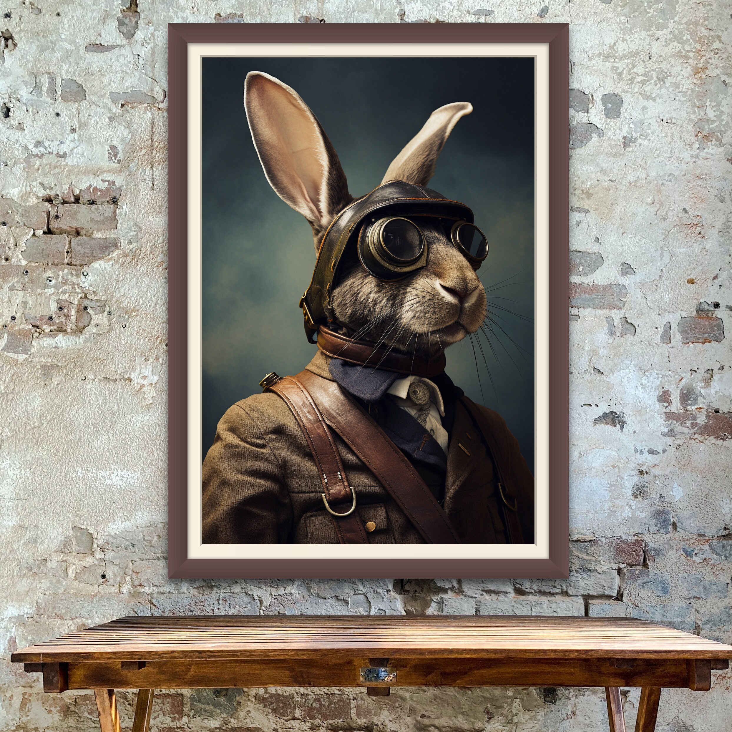 Rabbit Pilot Portrait: Aviator Bunny Art, Vintage Airplane Decor ...