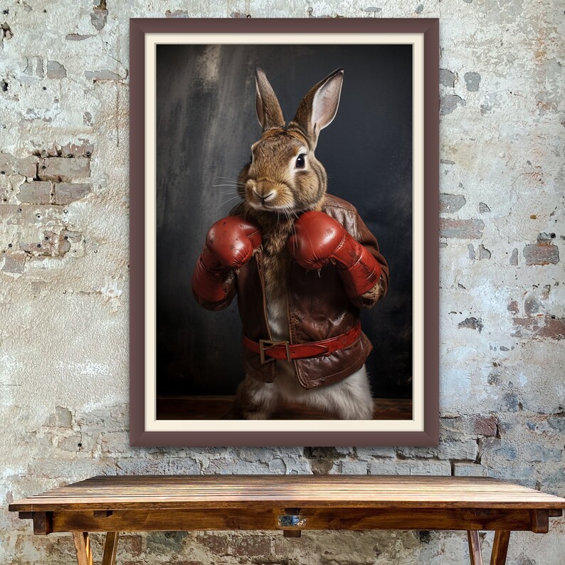 Boxing Bunny Portrait, Fighting Rabbit Art, Printable Animal Decor ...