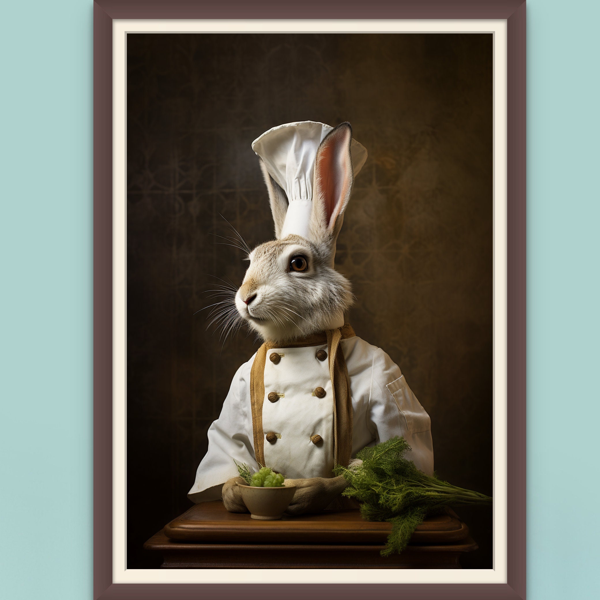 Rabbit Chef Portrait, Culinary Bunny Art, Kitchen Decor, Cute Animal ...