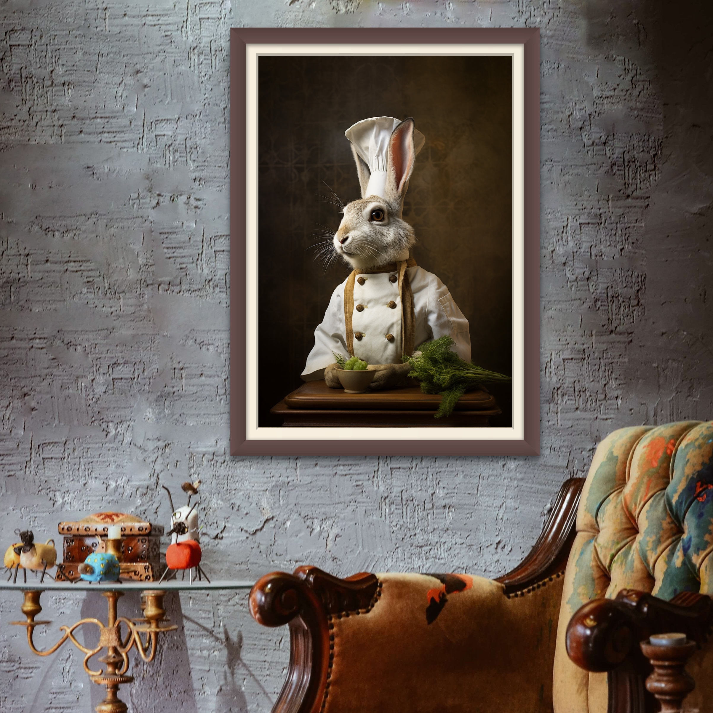 Rabbit Chef Portrait, Culinary Bunny Art, Kitchen Decor, Cute Animal ...