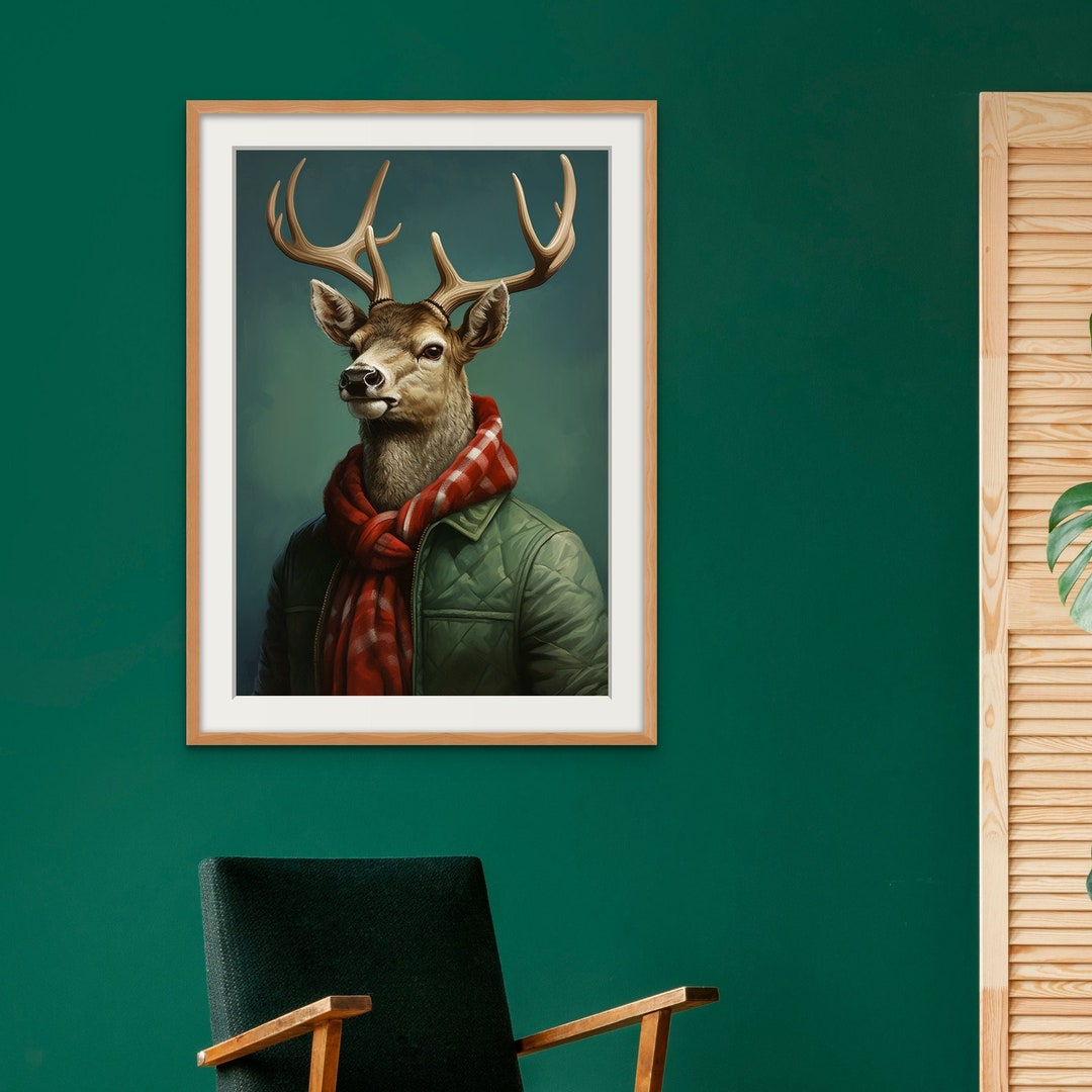 STAG Christmas Vintage Portrait, Renaissance Animal Painting, Altered ...