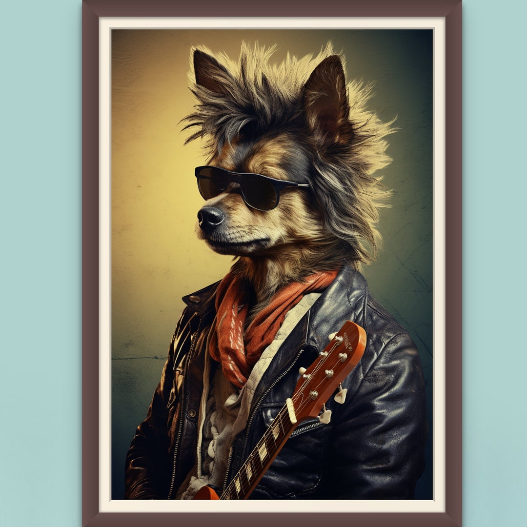 Rock Dog Portrait, Rocking Canine Art, Printable Classic Rock Music ...