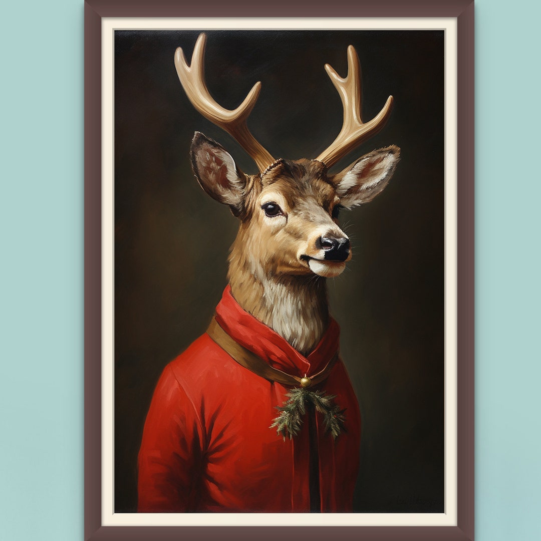 Cool Stag in Santa Costume, Unique Christmas Animal Portrait, Printable ...