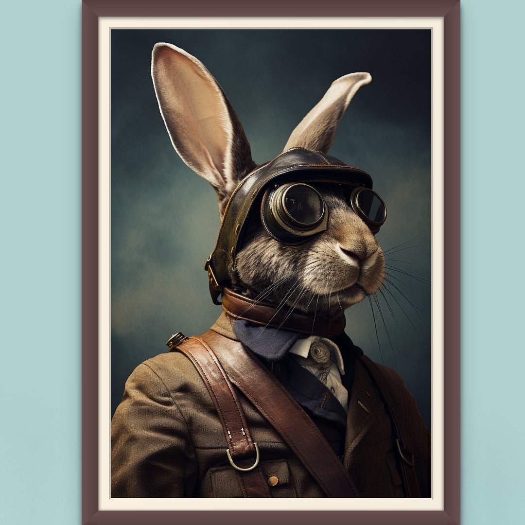 Rabbit Pilot Portrait: Aviator Bunny Art, Vintage Airplane Decor ...