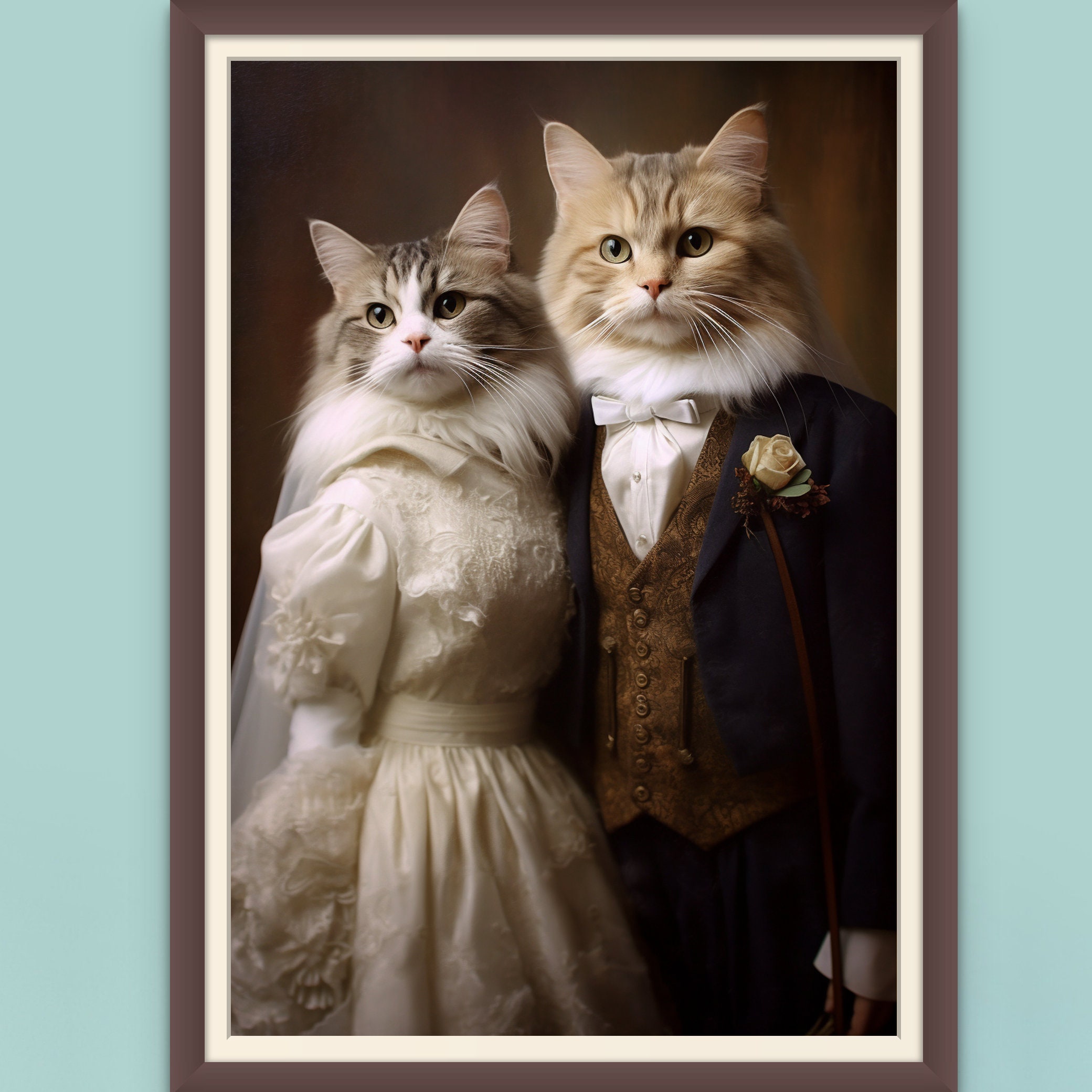 Cool Cat Couple Portrait, Happy Feline Marriage Art, Printable Wedding ...