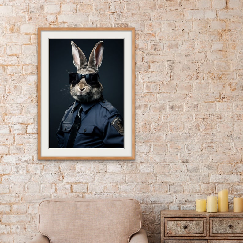 Rabbit Police Officer Portrait, Cute Bunny Art, Printable Animal Decor ...