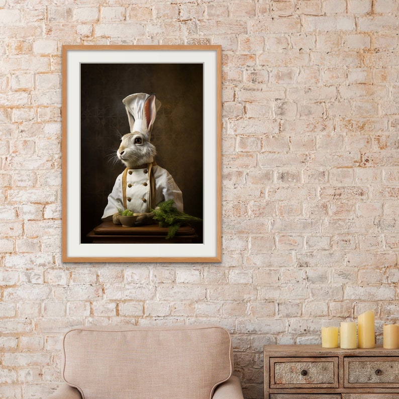 Rabbit Chef Portrait, Culinary Bunny Art, Kitchen Decor, Cute Animal ...
