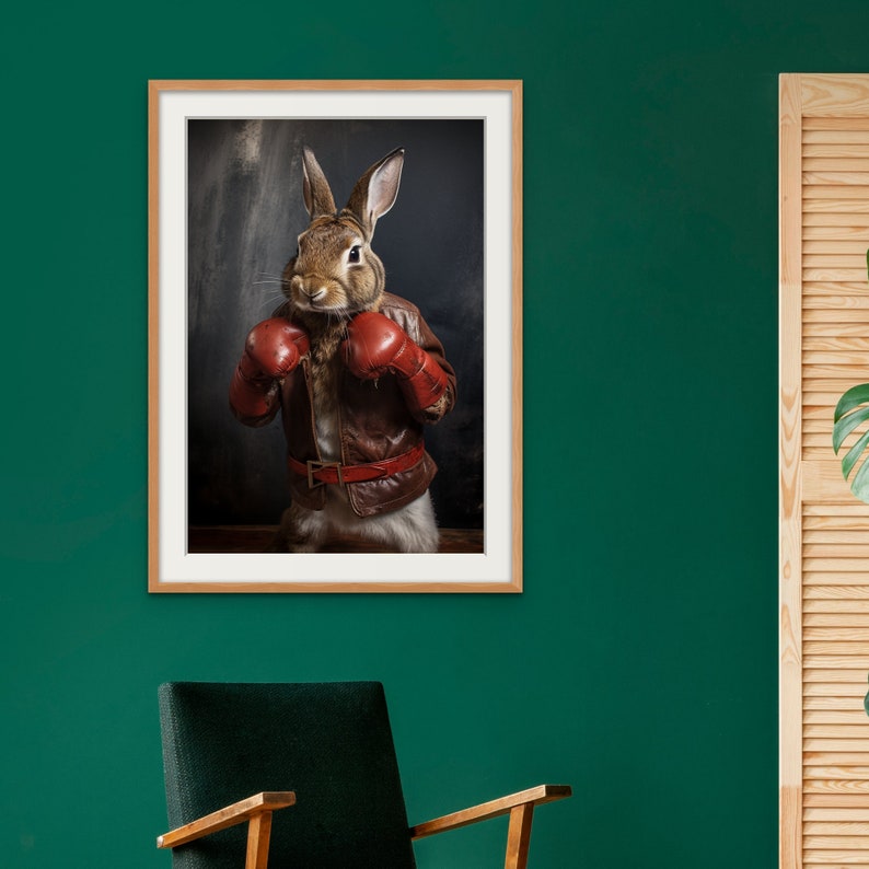 Boxing Bunny Portrait, Fighting Rabbit Art, Printable Animal Decor ...