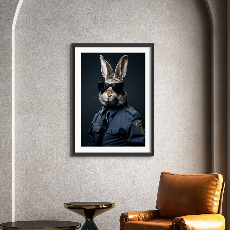 Rabbit Police Officer Portrait, Cute Bunny Art, Printable Animal Decor ...