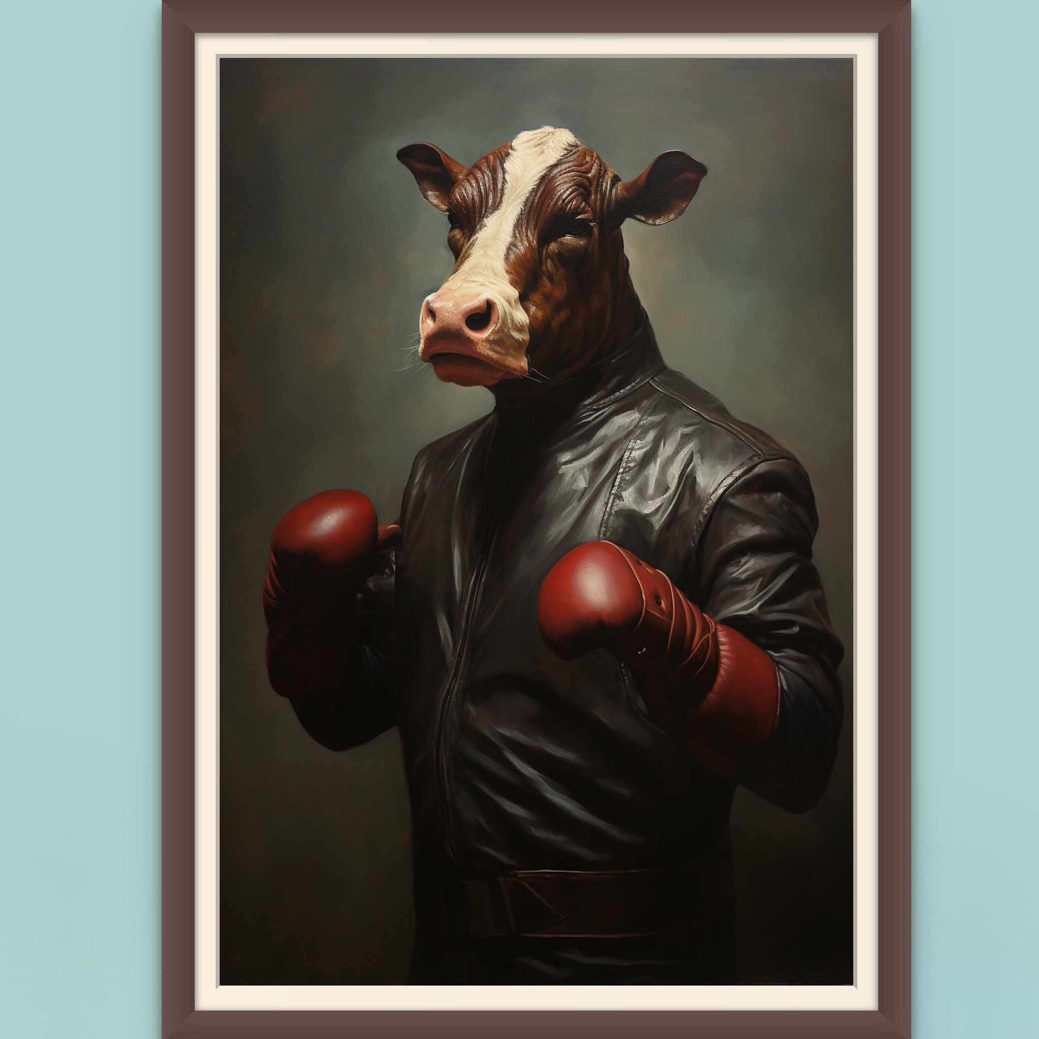 Boxing Cow Portrait, Powerful Bovine Art, Printable Animal Decor ...