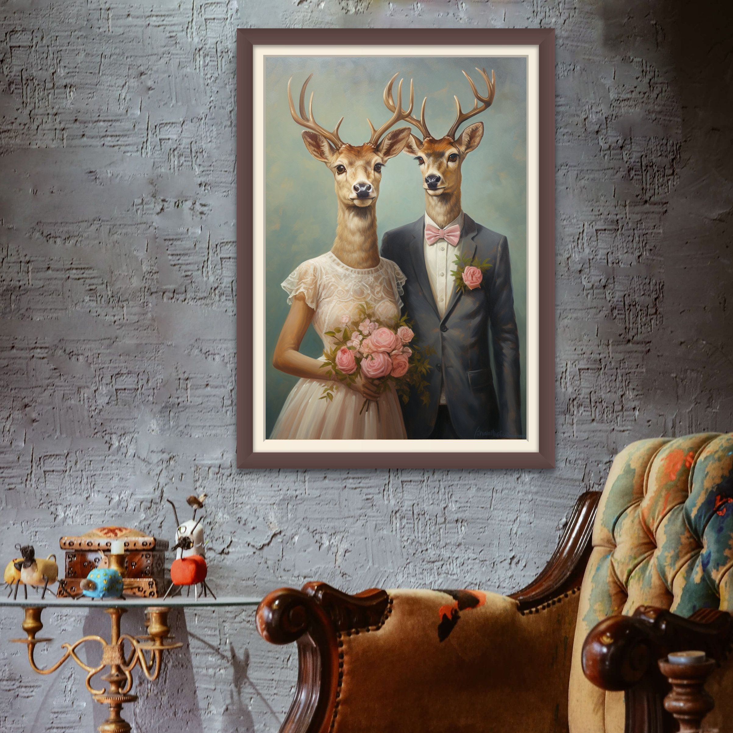 Cool Stag Couple Portrait, Happy Deer Marriage Art, Printable Wedding ...
