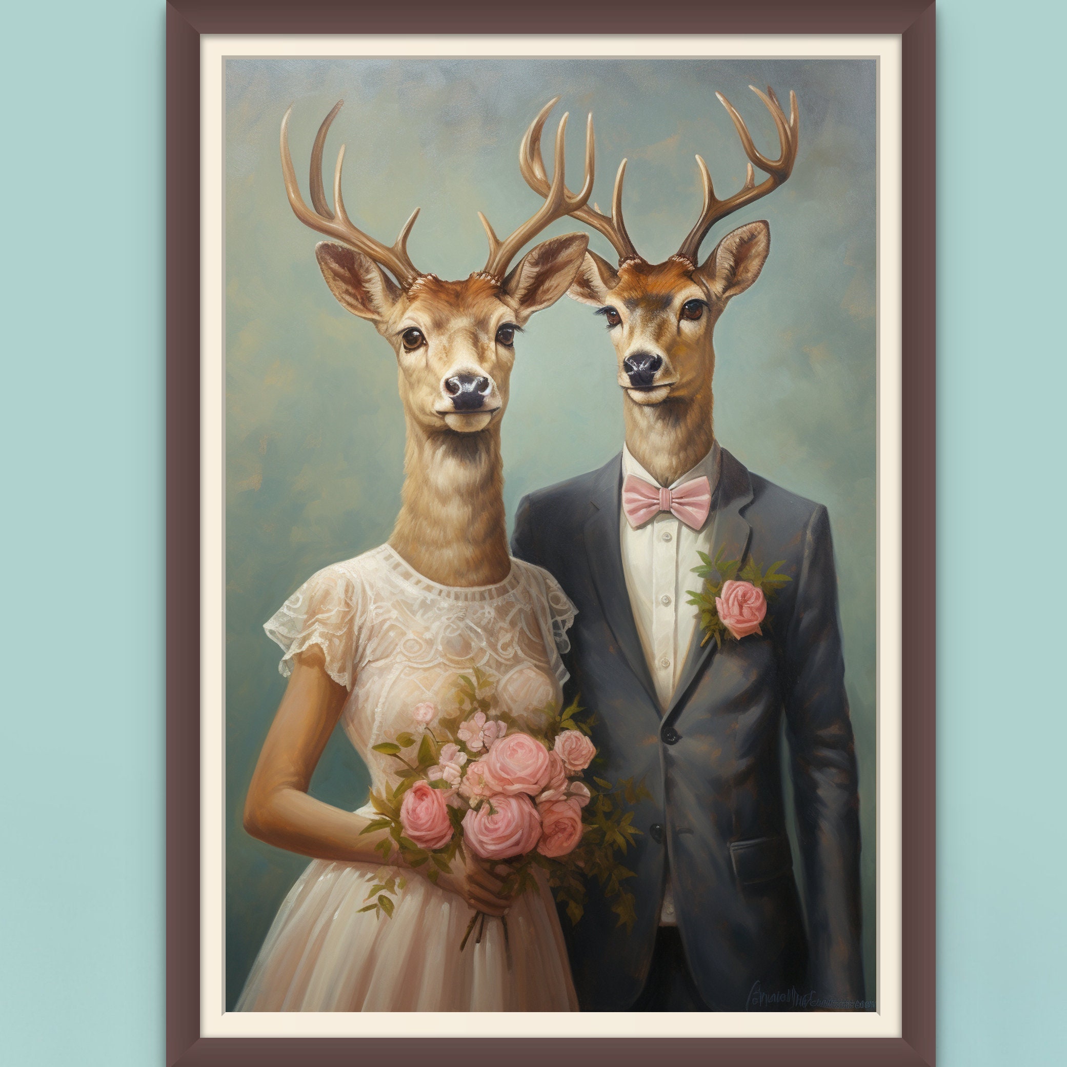 Cool Stag Couple Portrait, Happy Deer Marriage Art, Printable Wedding ...