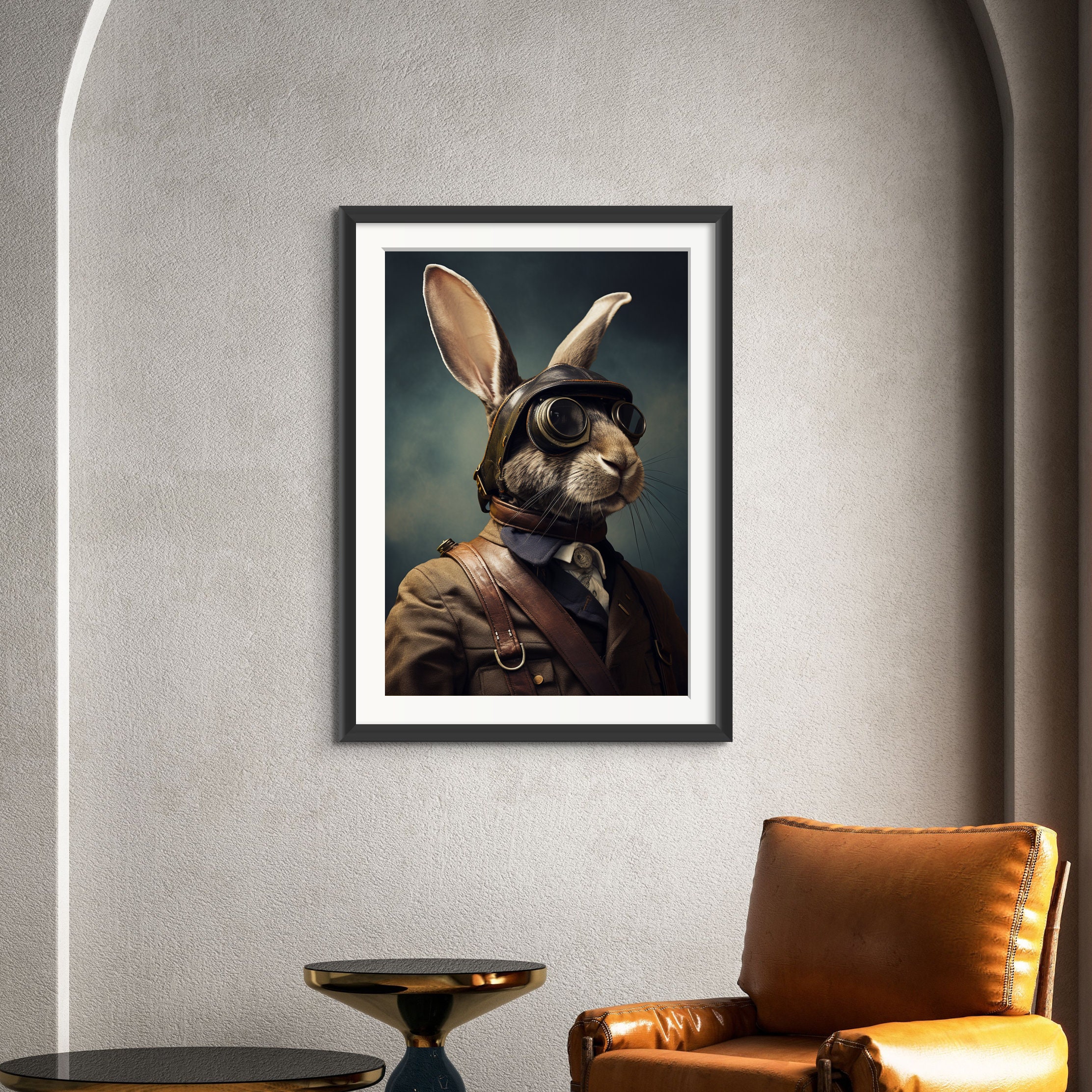 Rabbit Pilot Portrait: Aviator Bunny Art, Vintage Airplane Decor ...