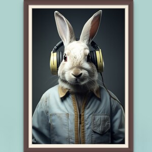 Rabbit DJ Portrait, Musical Bunny Art, Printable Vintage Music Decor ...