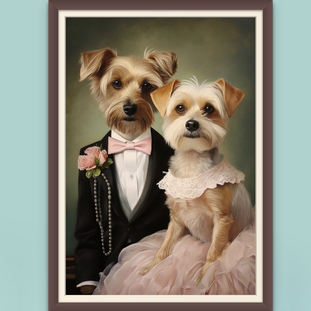Cool Happy Dog Couple Portrait, Adorable Canine Wedding Art Print ...
