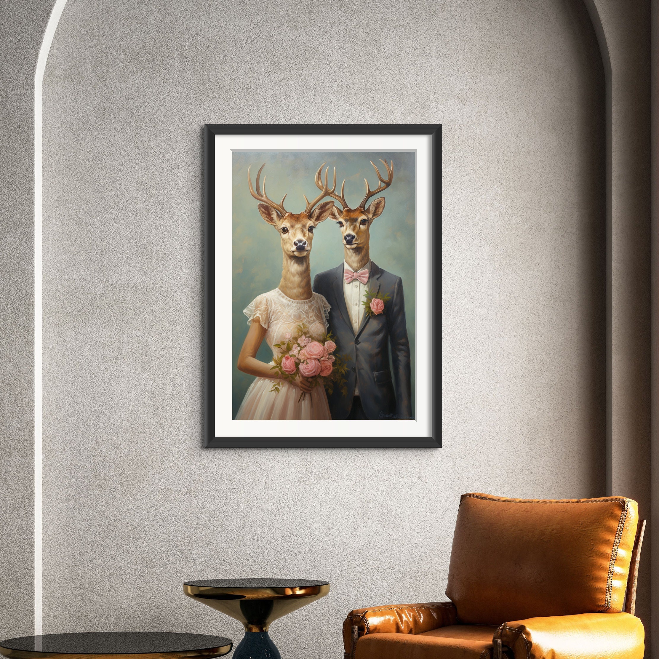 Cool Stag Couple Portrait, Happy Deer Marriage Art, Printable Wedding ...