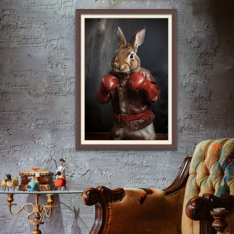 Boxing Bunny Portrait, Fighting Rabbit Art, Printable Animal Decor ...