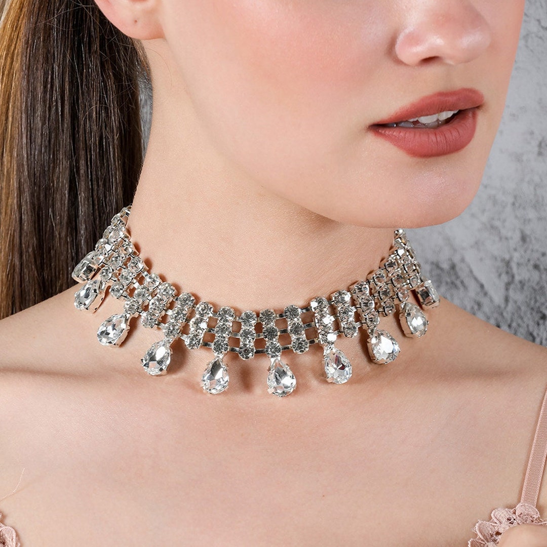 Rhinestone Drop Stone Choker Necklace Luxury Silver Plated - Unique ...