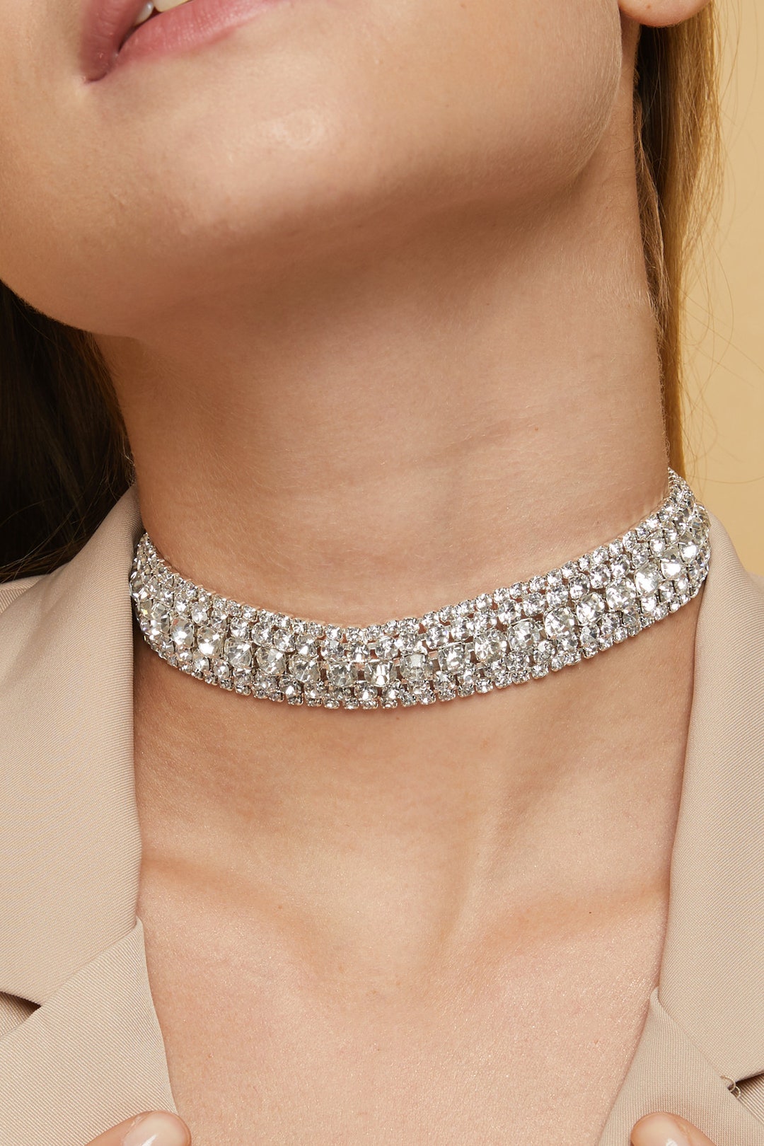 5 Row Diamond Rhinestone Choker Necklace - Unique Elegant Choker ...