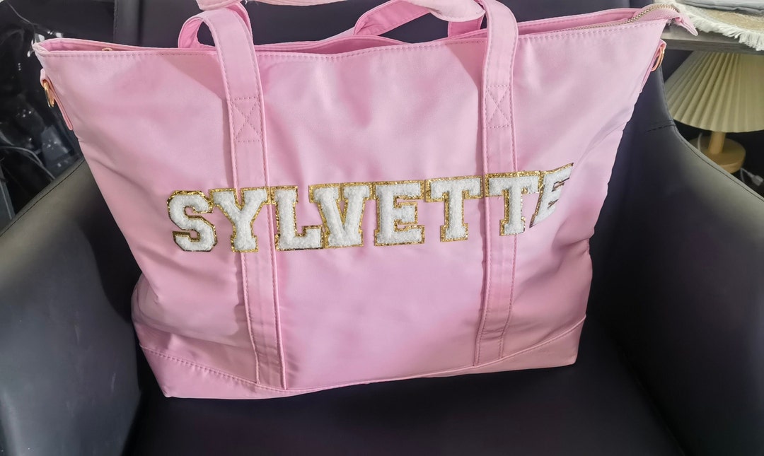 SEWN Tote Bag With Glitter Varsity Letter Patches / Overnight Bag ...